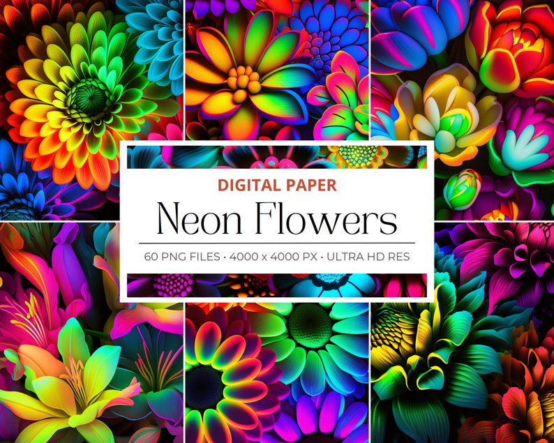60 Bright Neon Flowers Digital Paper, Abstract Neon Floral Background ...