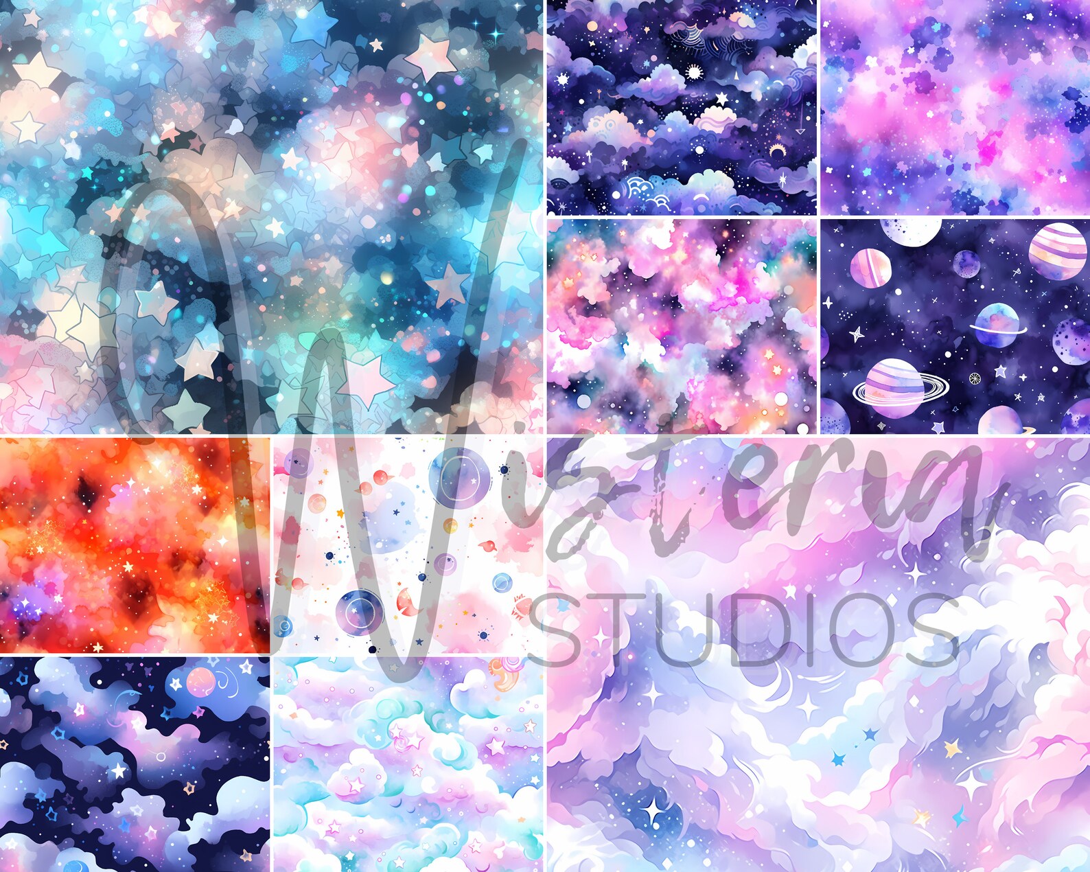 108 Watercolor Whimsical Galaxy Seamless Pattern Designs, Digital ...