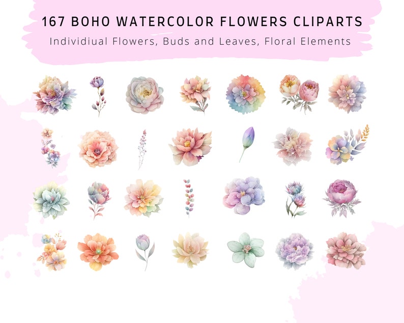 167 Pastel Flowers PNG, Watercolor Pastel Floral Cliparts, Elements ...