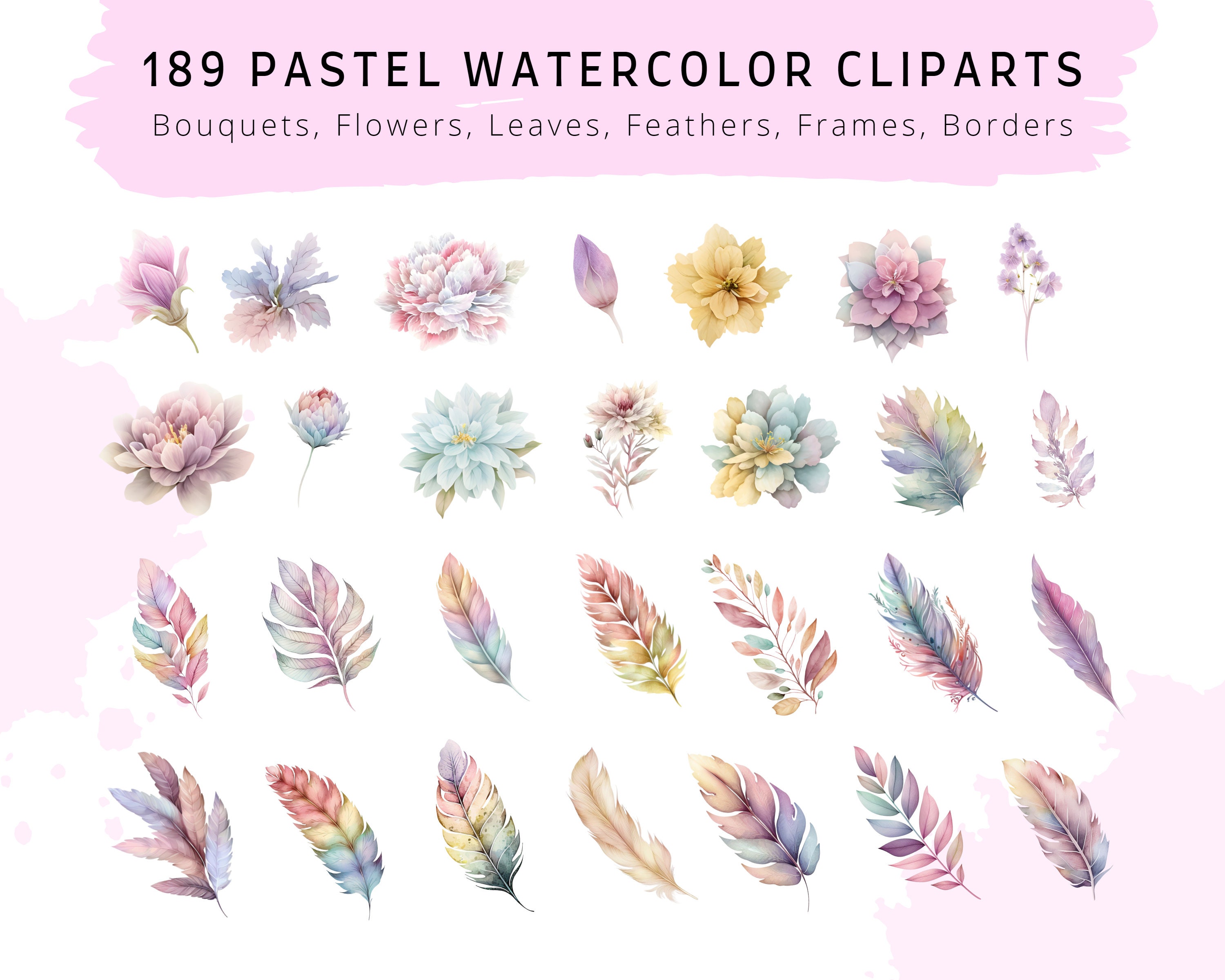 189 Pastel Flowers PNG, Watercolor Floral Clipart Bouquets, Elements ...