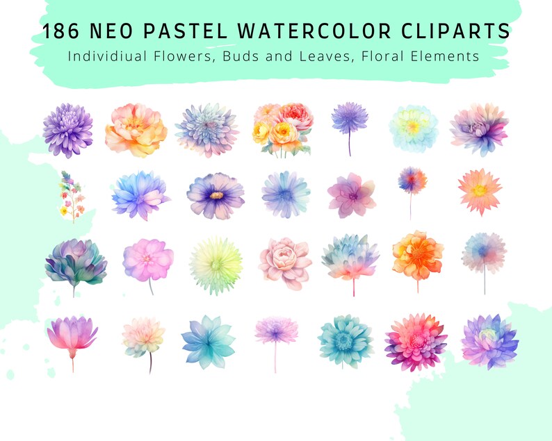 186 Neon Pastel Flowers PNG, Watercolor Neon Pastel Floral Cliparts ...