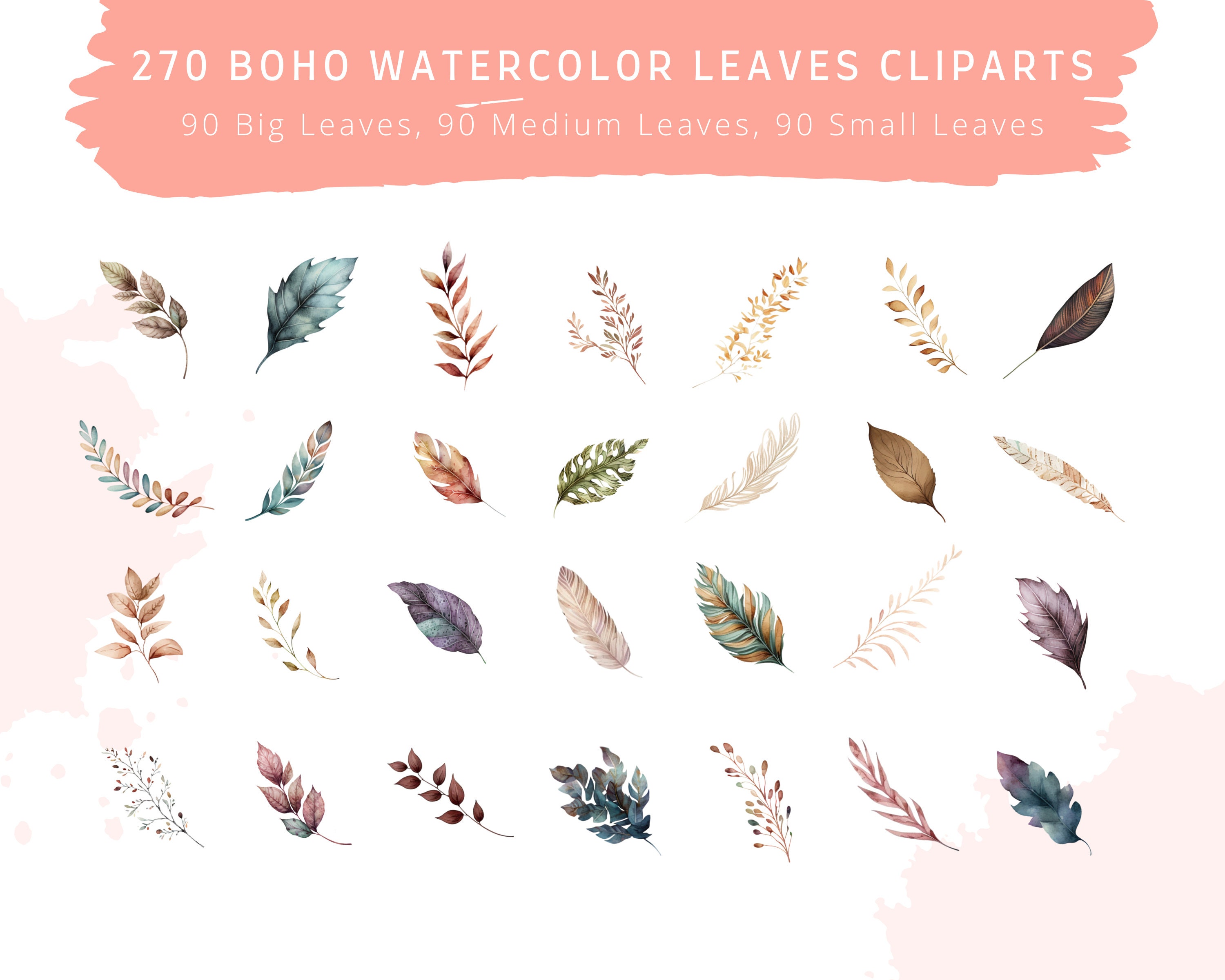 Boho Leaves PNG, Watercolor Leaves and Feathers Clipart, Elements ...