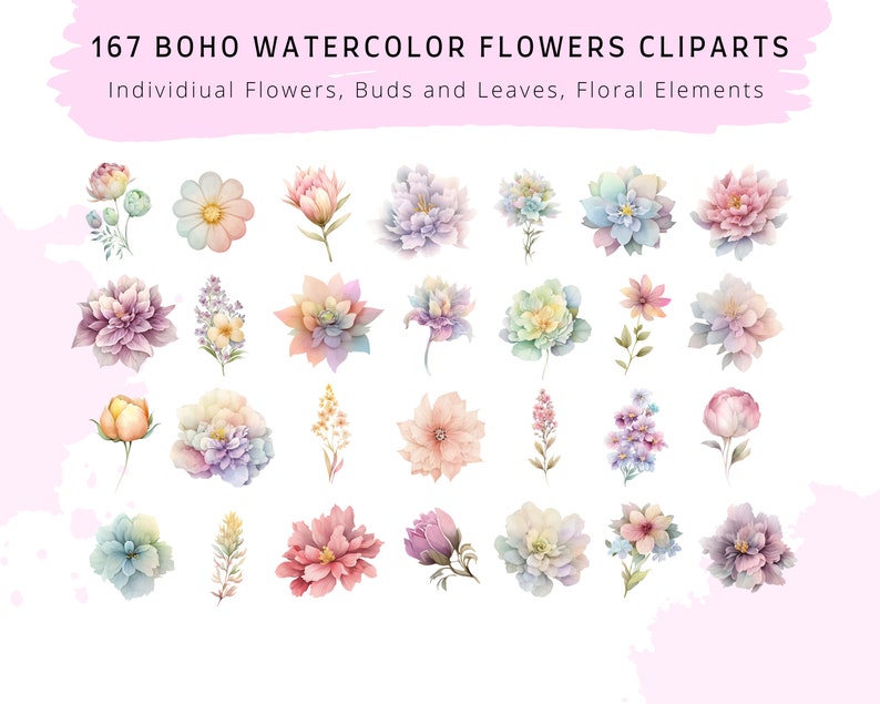 167 Pastel Flowers PNG, Watercolor Pastel Floral Cliparts, Elements ...