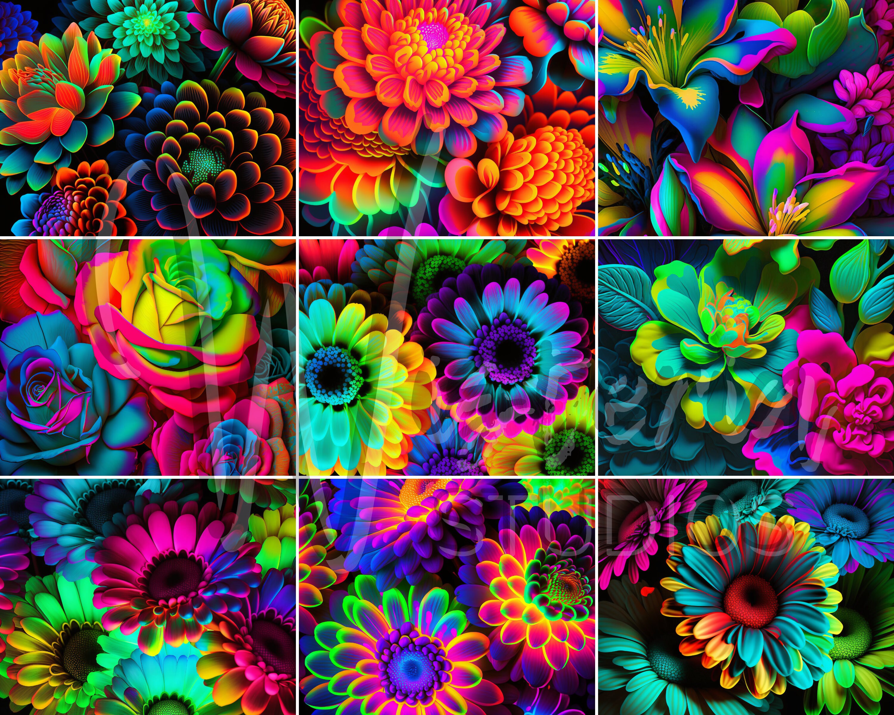 60 Bright Neon Flowers Digital Paper, Abstract Neon Floral Background ...