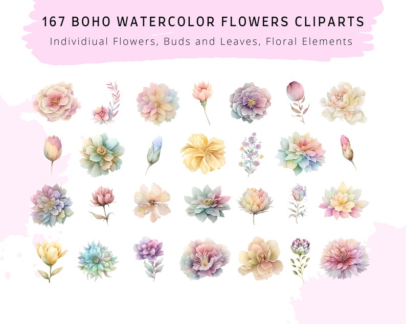 167 Pastel Flowers PNG, Watercolor Pastel Floral Cliparts, Elements ...