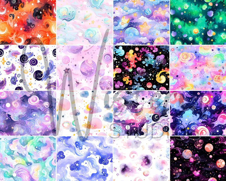 108 Watercolor Whimsical Galaxy Seamless Pattern Designs, Digital ...