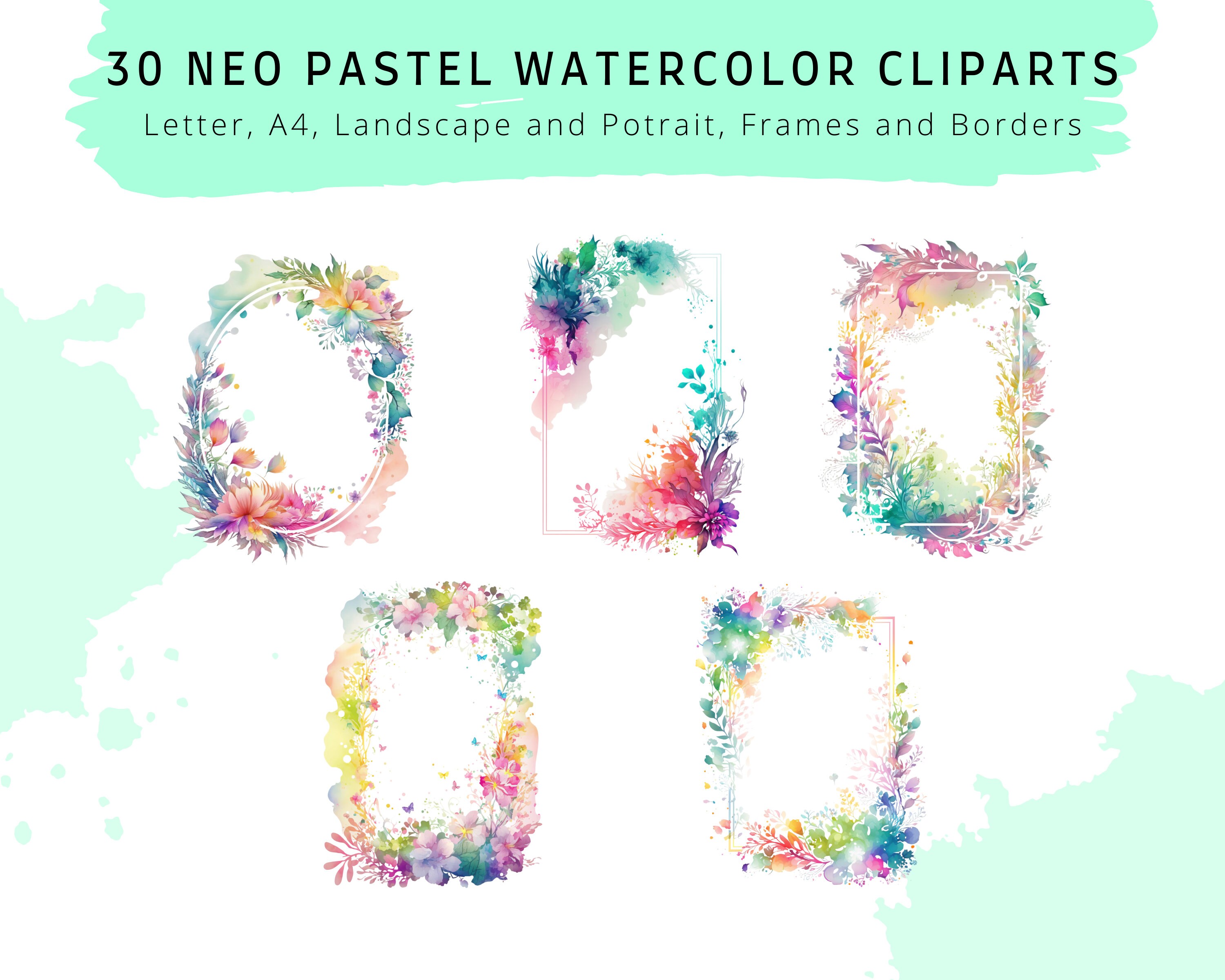30 Neon Pastel Frames PNG, Watercolor Pastel Floral Cliparts, Pastel ...