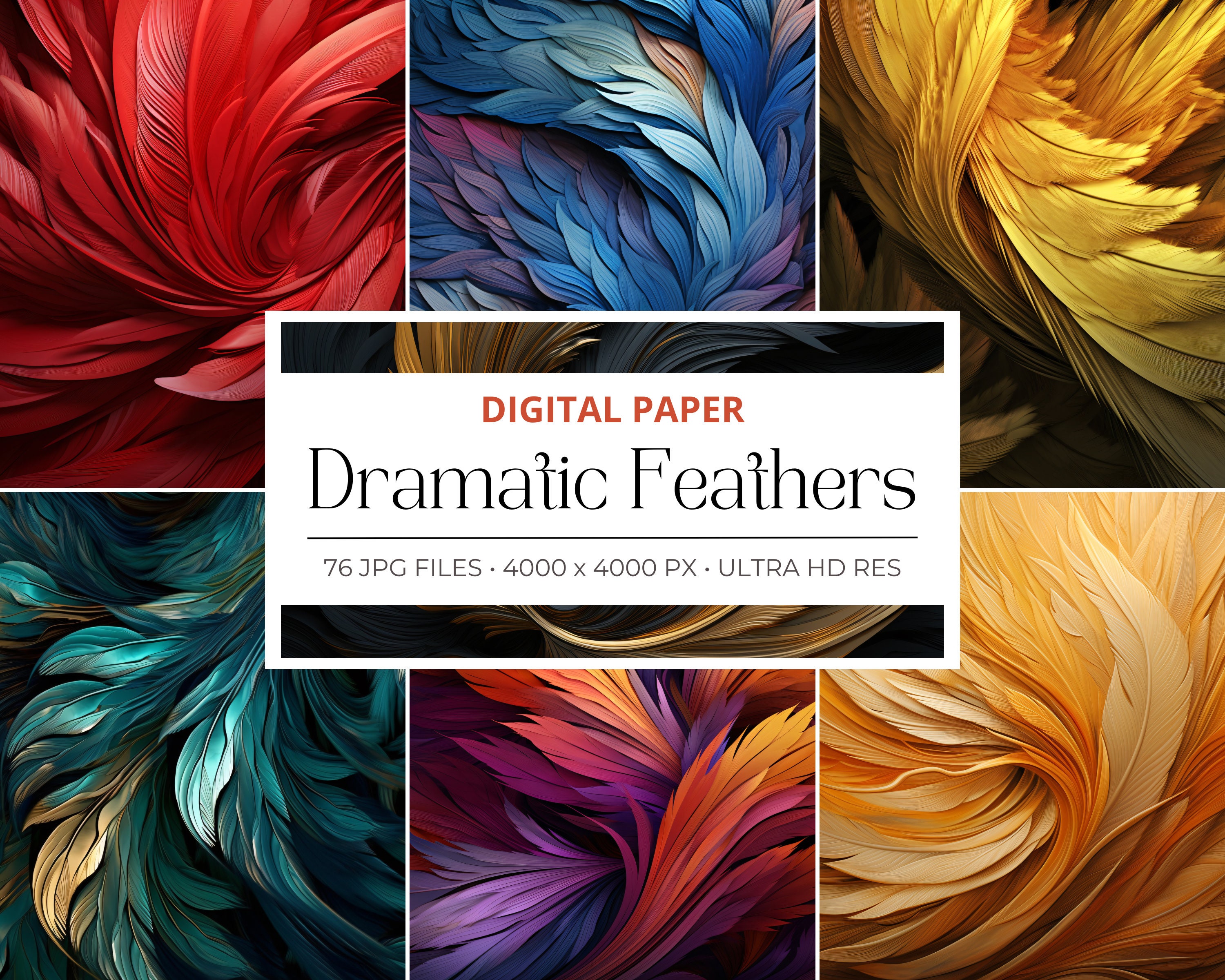 76 Colorful Feather Digital Paper, Feathers Digital Paper, Commercial ...