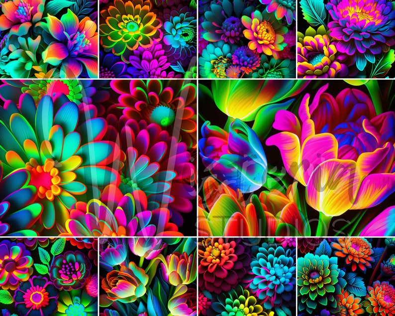 60 Bright Neon Flowers Digital Paper, Abstract Neon Floral Background ...