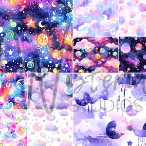 108 Watercolor Whimsical Galaxy Seamless Pattern Designs, Digital ...