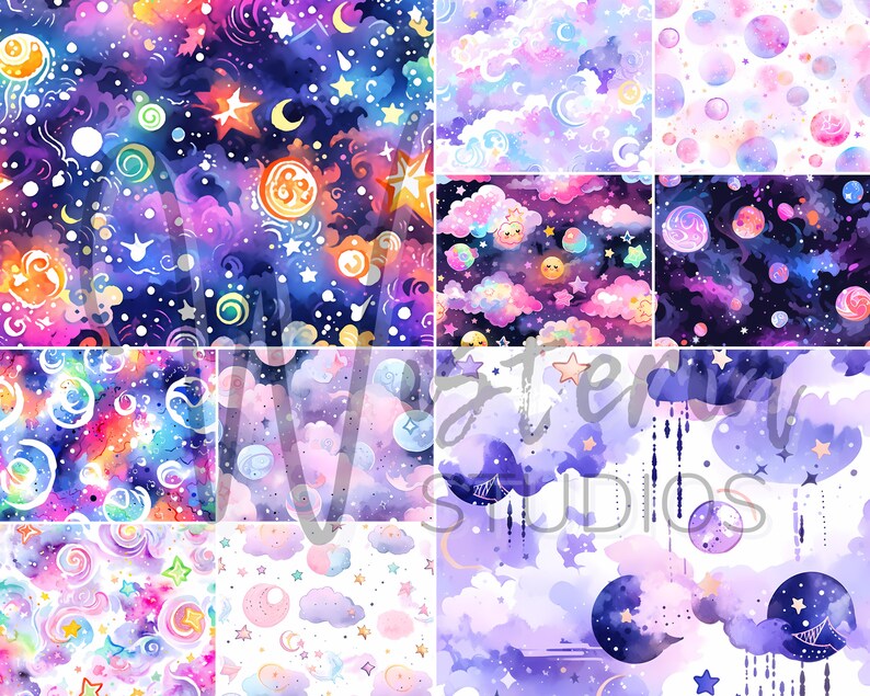 108 Watercolor Whimsical Galaxy Seamless Pattern Designs, Digital ...
