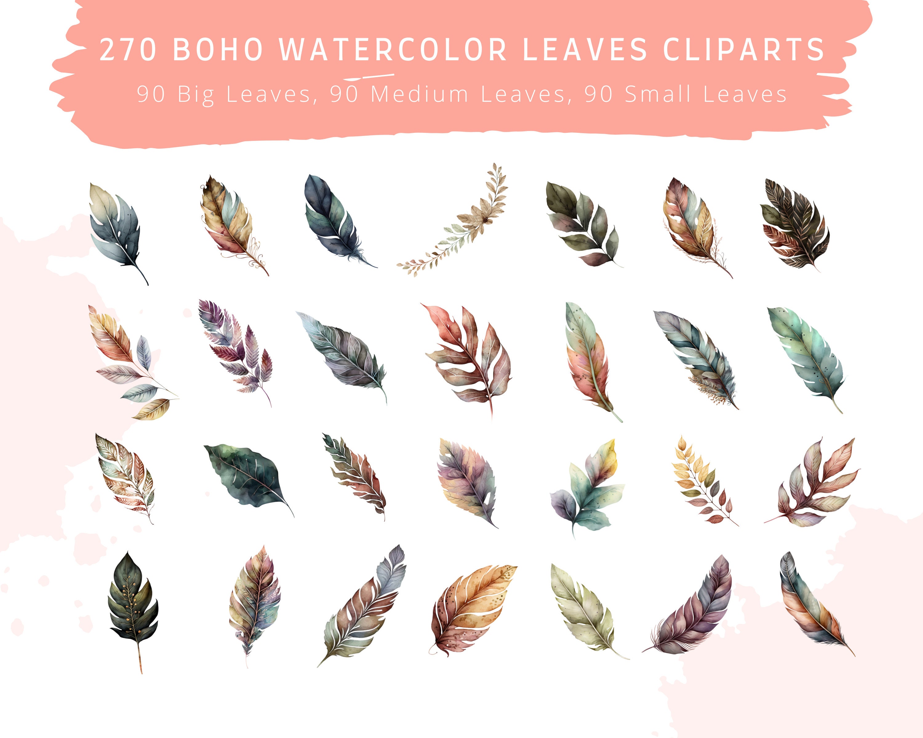 Boho Leaves PNG, Watercolor Leaves and Feathers Clipart, Elements ...