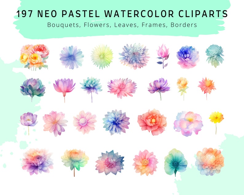 197 Neon Pastel Flowers PNG, Watercolor Floral Clipart Bouquets ...