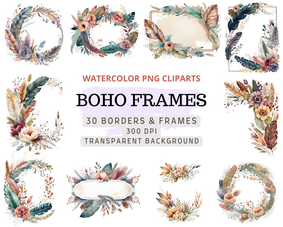 Boho Frames PNG, Watercolor Flowers Frames Clipart, Elements ...