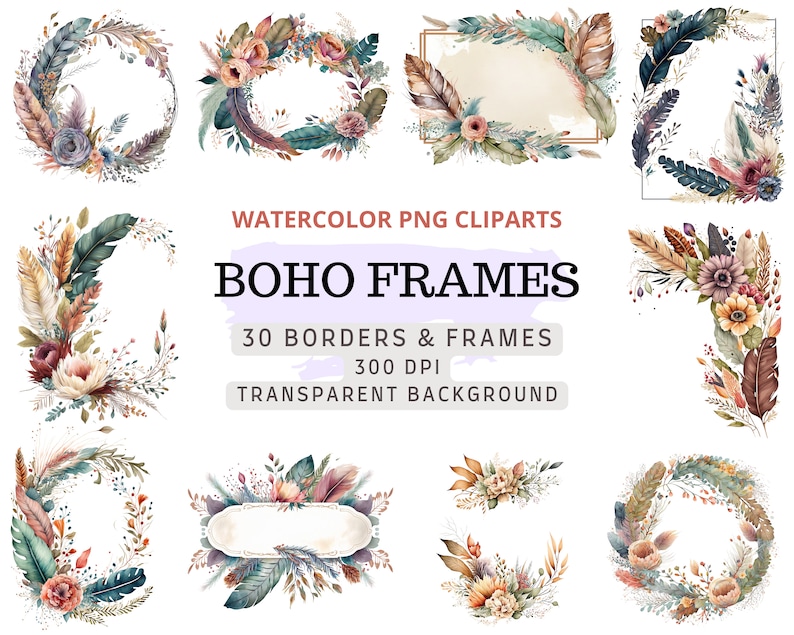 Boho Frames PNG Watercolor Flowers Frames Clipart Elements - Etsy