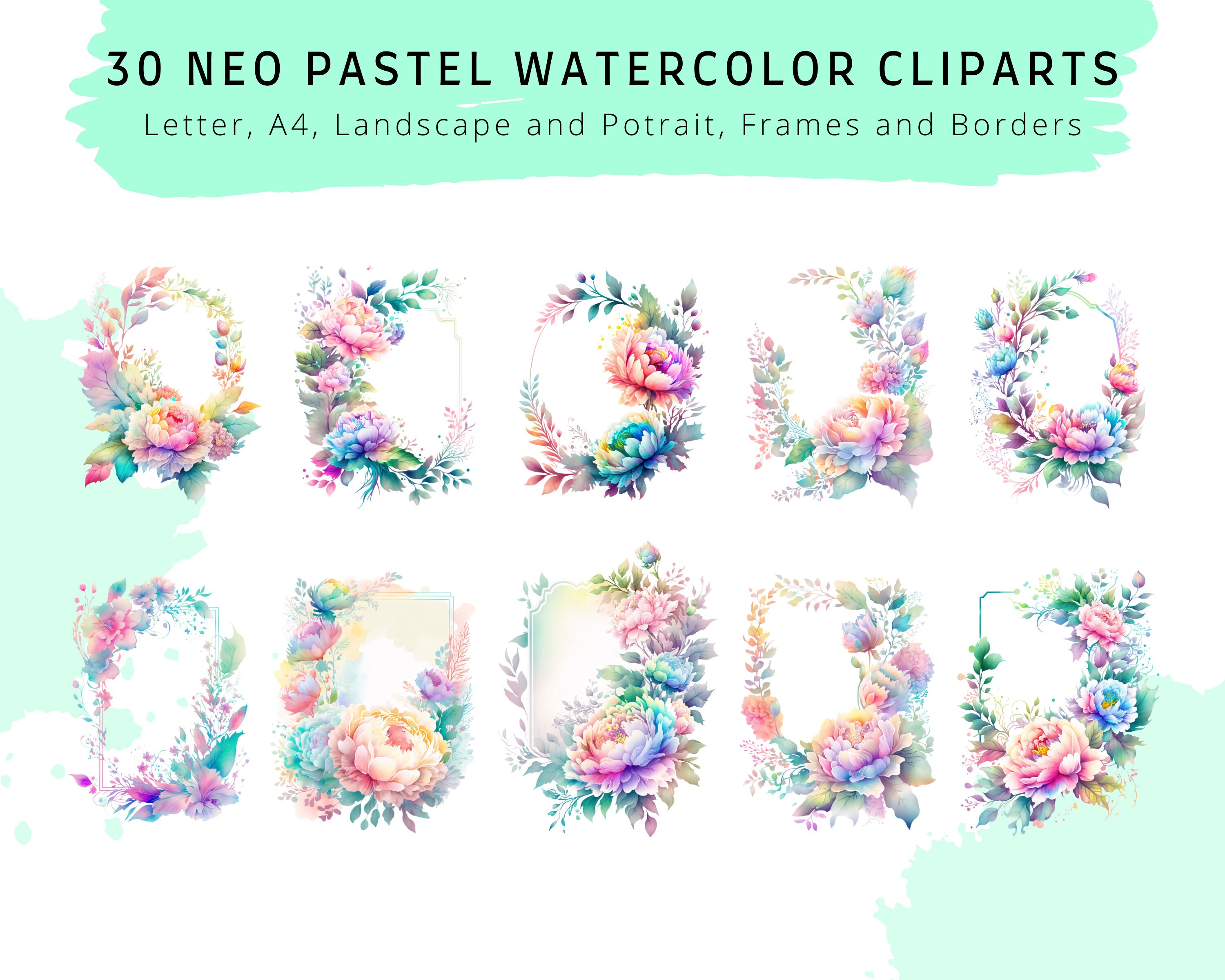 30 Neon Pastel Frames PNG, Watercolor Pastel Floral Cliparts, Pastel ...