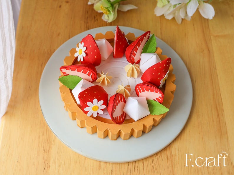 DIY Papercraft Strawberry Tart Template: 3D Paper Dessert (PDF & SVG ...