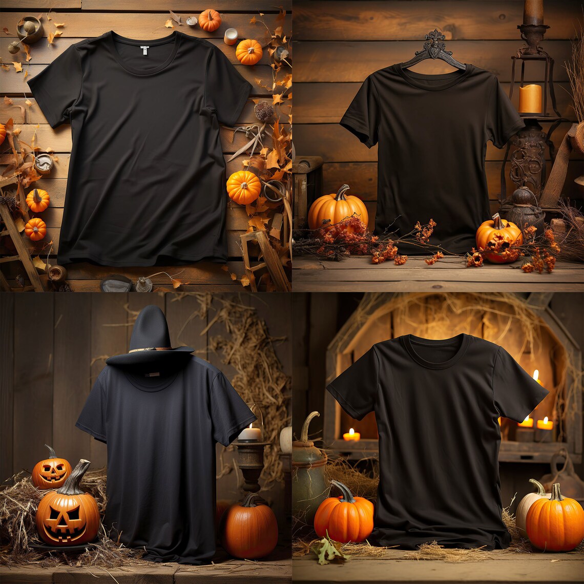 8 Unisex Black T-shirt Mockup Bundle, Autumn Fall Halloween Theme T ...