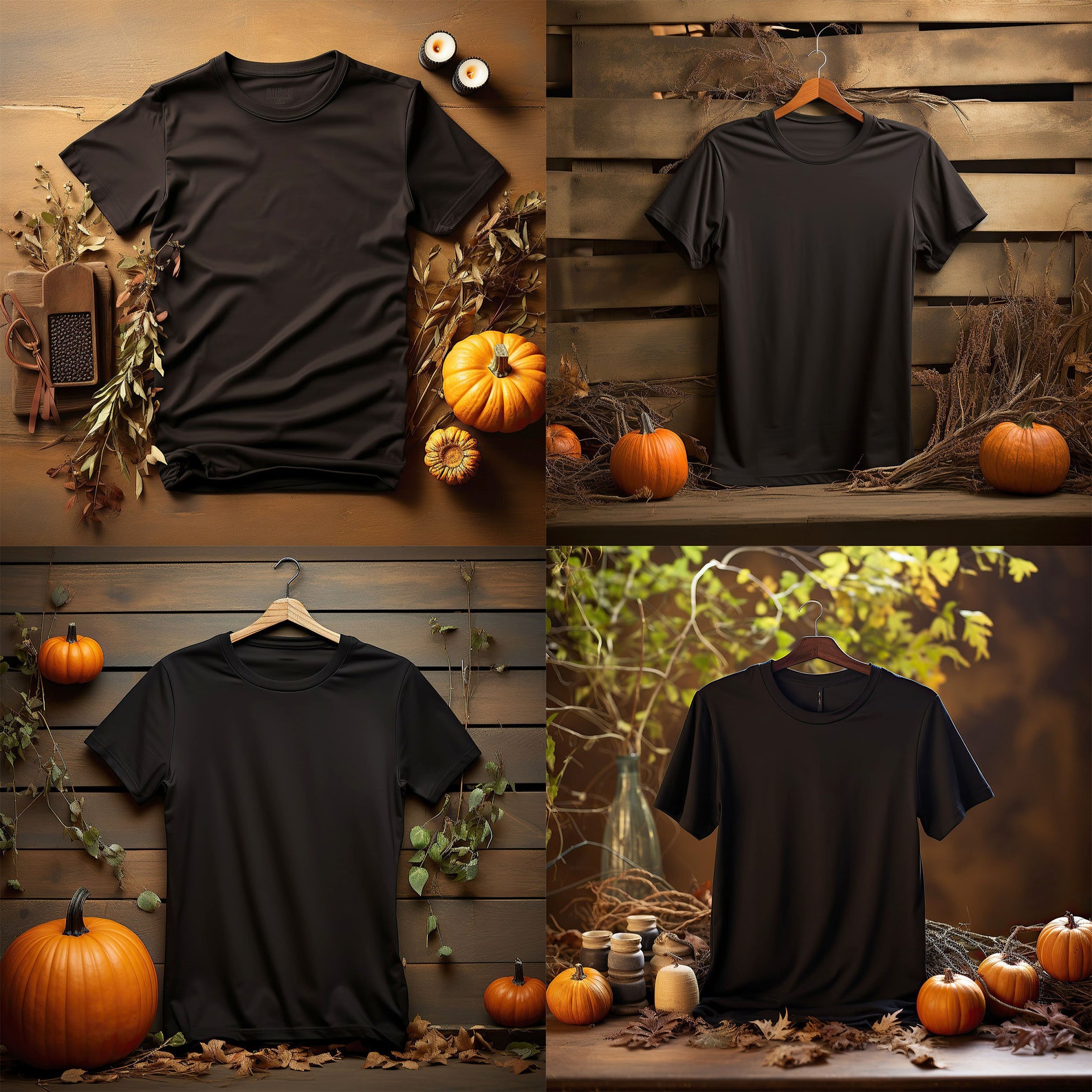 8 Unisex Black T-shirt Mockup Bundle, Autumn Fall Halloween Theme T ...