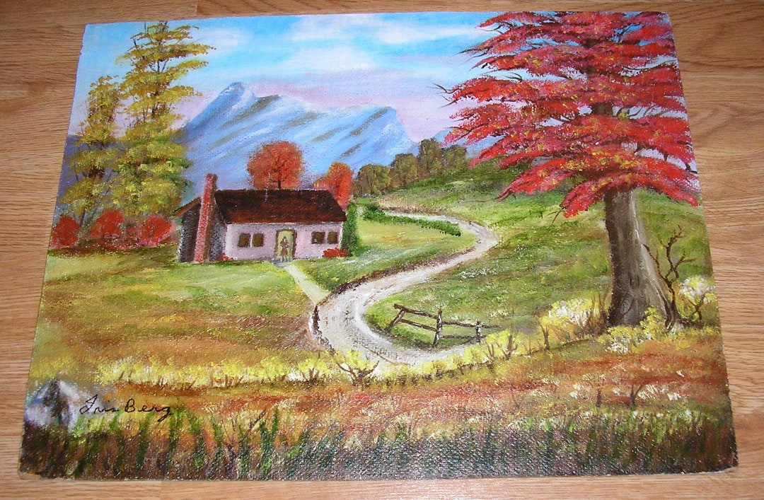 Vintage Autumn Fall Foliage Pioneer Cabin Garden Mountains Hills Valley ...
