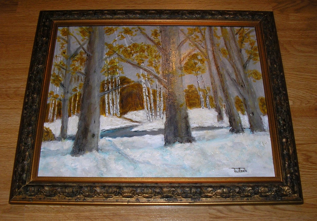 Vintage Primitive Folk Art Stream Winter Snow Autumn Season Gray Trees ...
