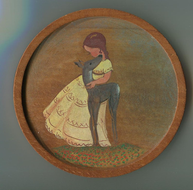 Vintage Girl Dress Brunette Doe Dear Cuddling Hug Pet Flowers Grass ...