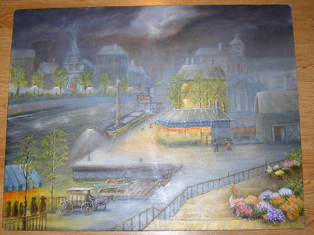 Vintage European Scene Night Church Village Town Pub Tavern Pier Ocean ...