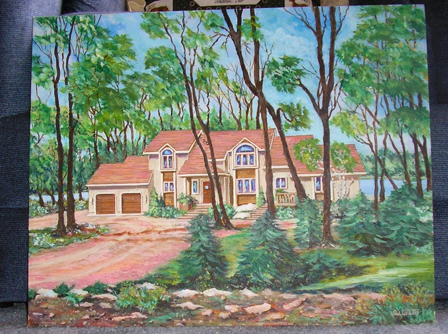 Vintage Lakeside Lake Gable House Cottage Botanical Trees Landscape ...