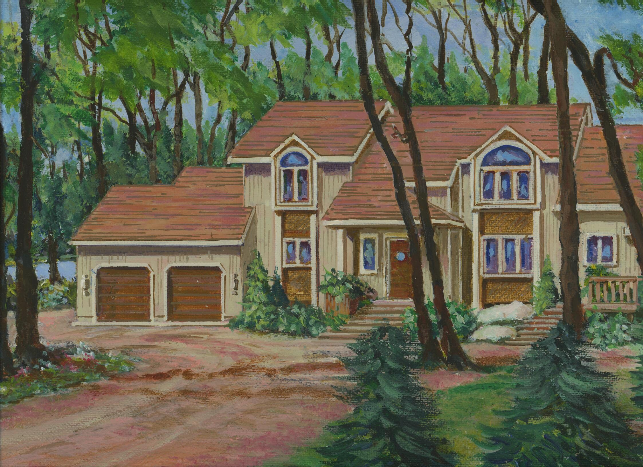 Vintage Lakeside Lake Gable House Cottage Botanical Trees Landscape ...