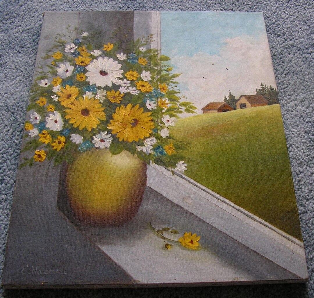 Vintage Botanical Flowers House Window Pastoral Still Life Oil Original ...