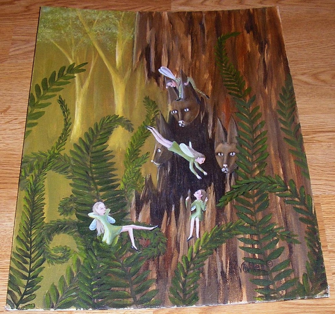 Vintage Fairies Fairy Brown Burmese Cats Carving Tree Stump House Fern ...