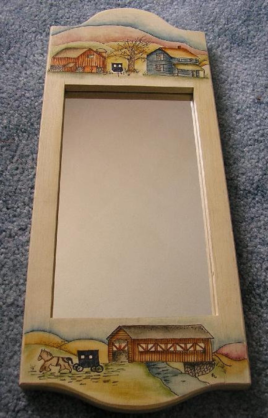 Vintage Folk Art Covered Bridge Horses Buggy Farm Houses Landscape ...