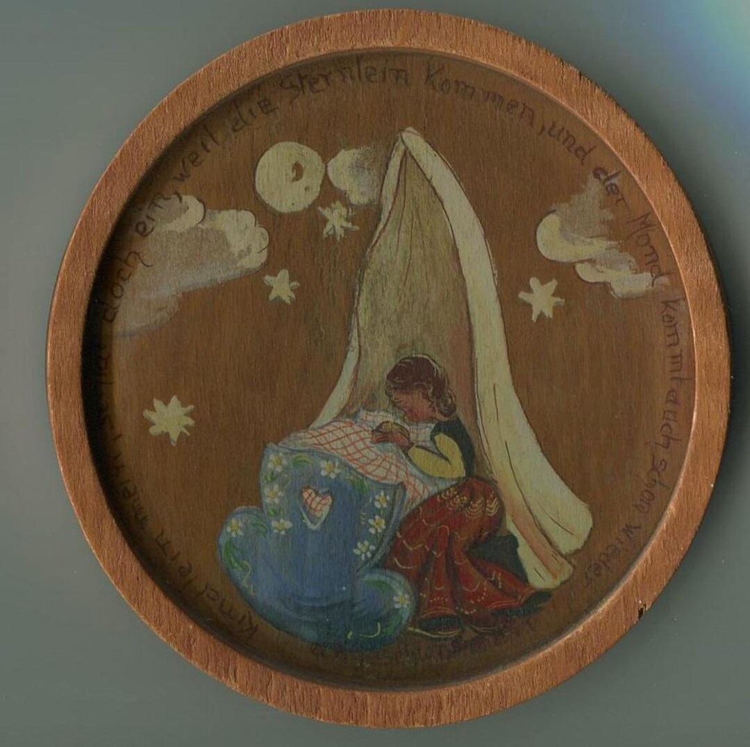 Antique Mother Mom Baby Child Cradle Stars Moon Blue Bassinet 1920's ...