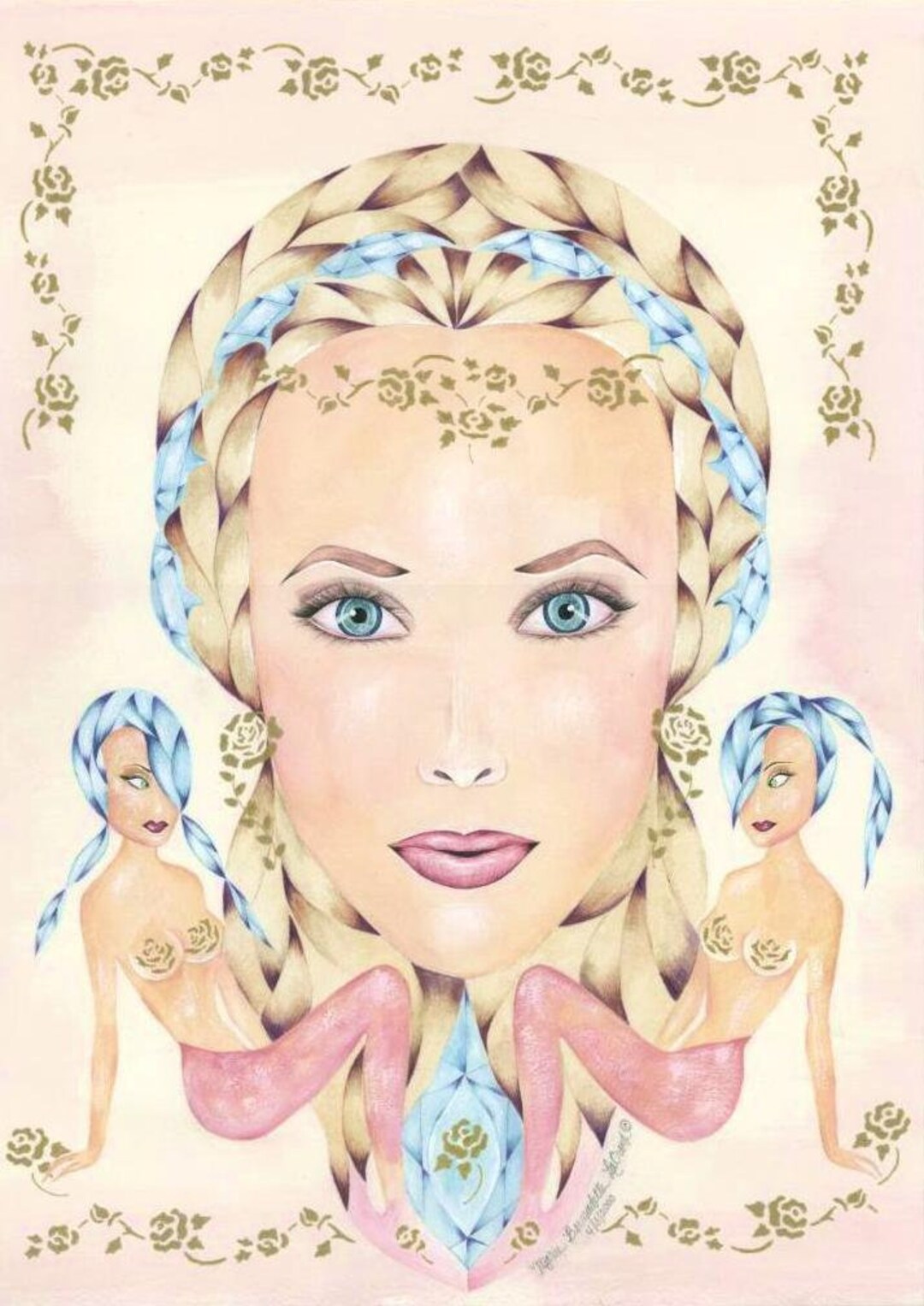 Mermaid Portrait Mermaids Blonde Hair Blue Eyes Twins Dolphins Faux ...