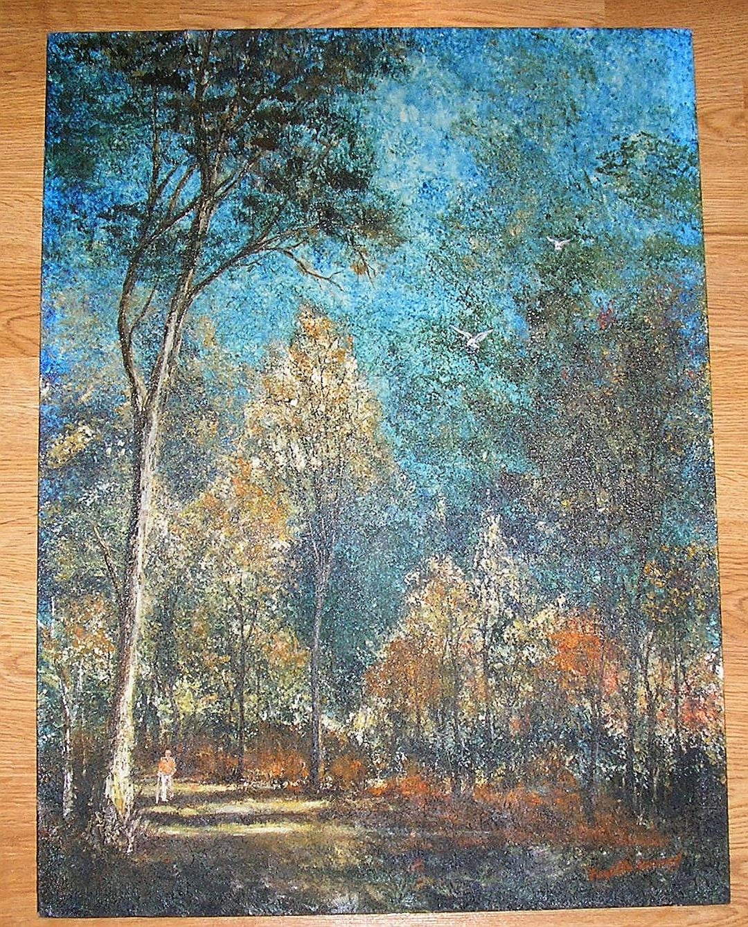 Vintage October Morning Sylvan Blue Sky Man Walking Trees Nature ...