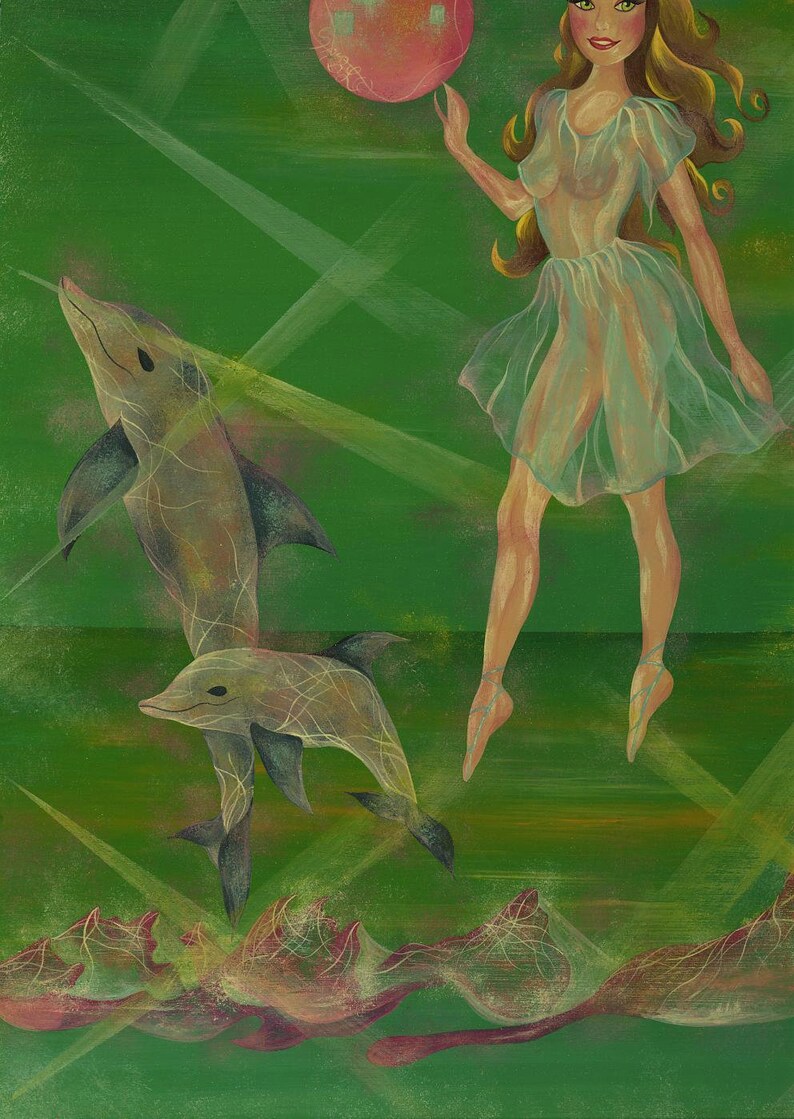 Vintage Nude Woman Sea Sprite Ballerina Water Ballet Dolphins Rose Sun ...