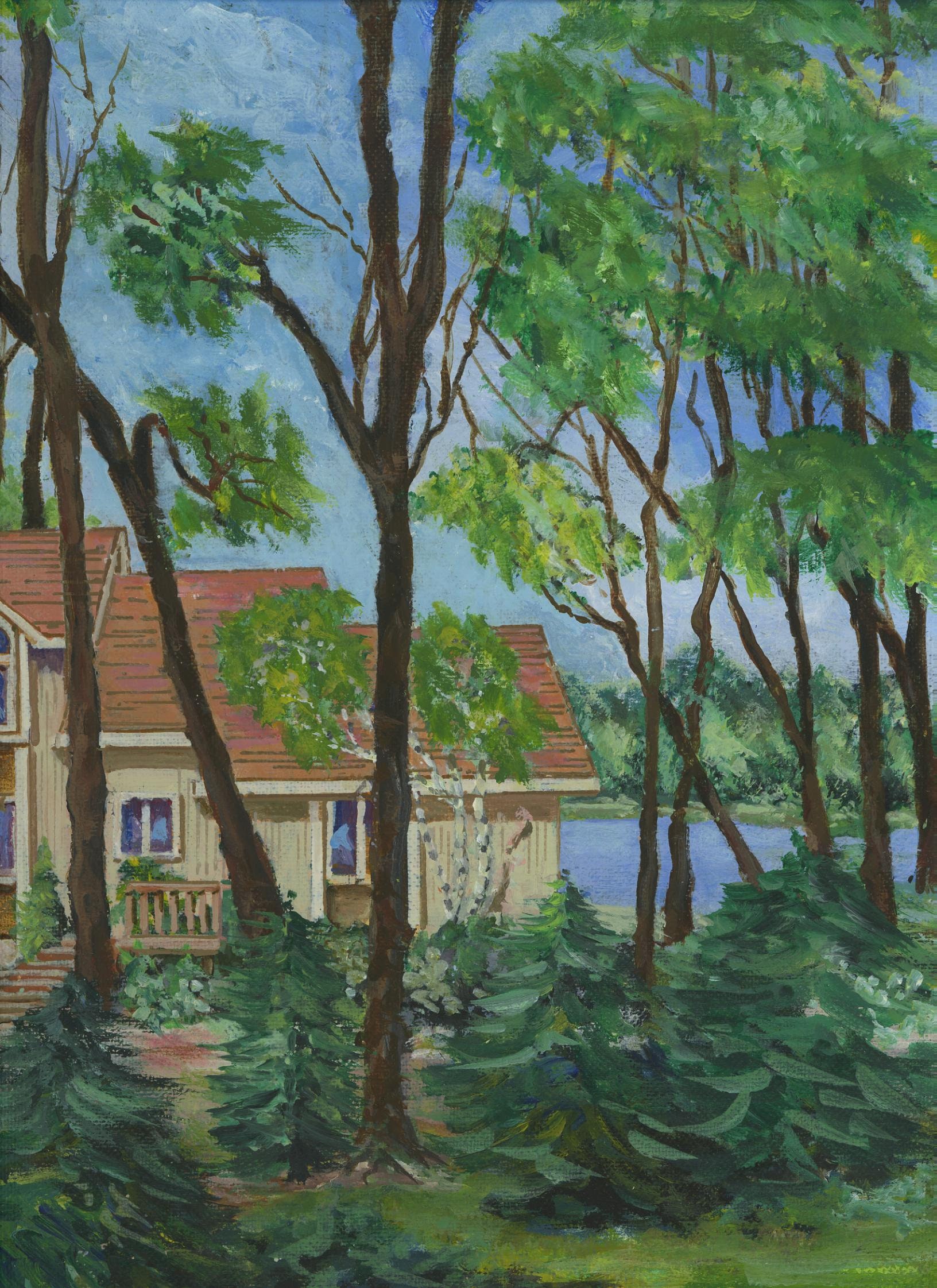 Vintage Lakeside Lake Gable House Cottage Botanical Trees Landscape ...