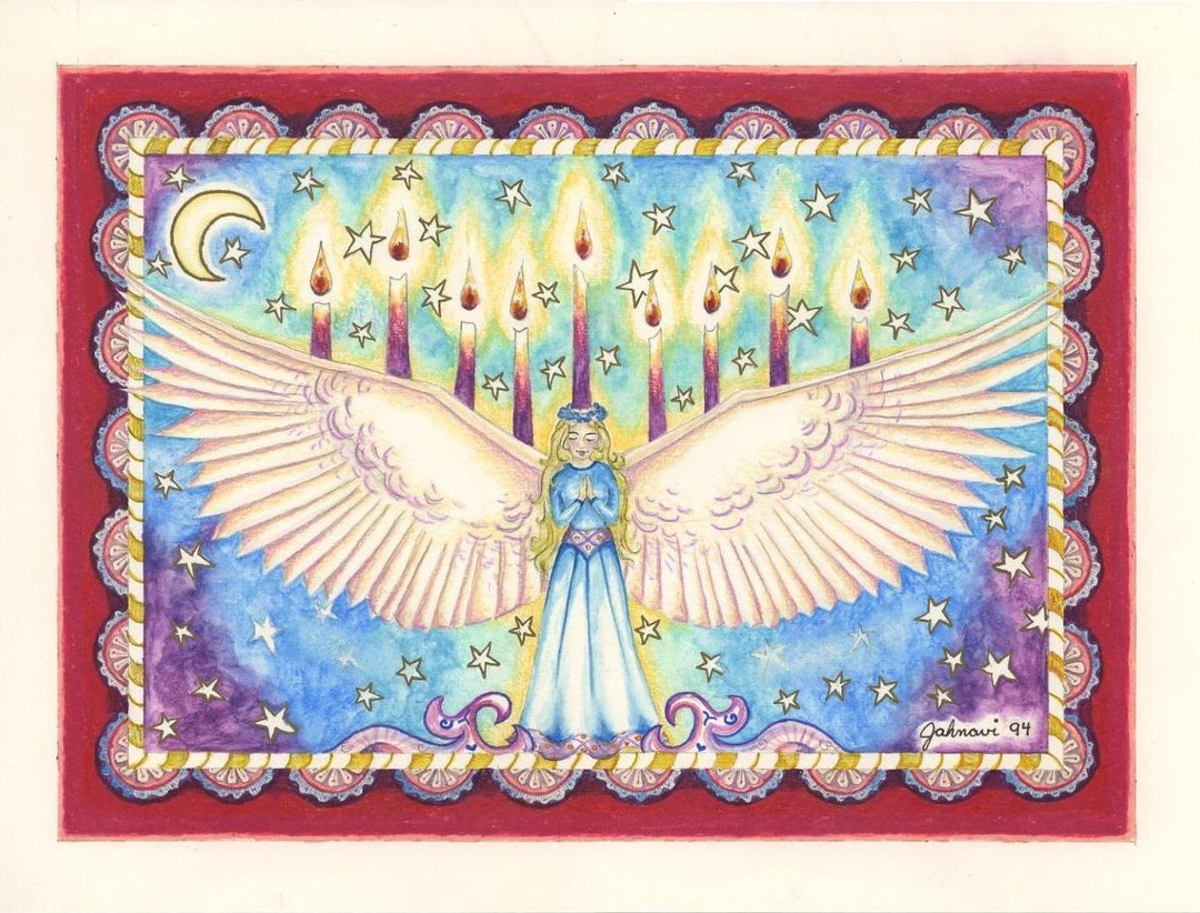 Vintage Blonde Angel Wings Praying Candles Flame Menorah Hanukkah ...