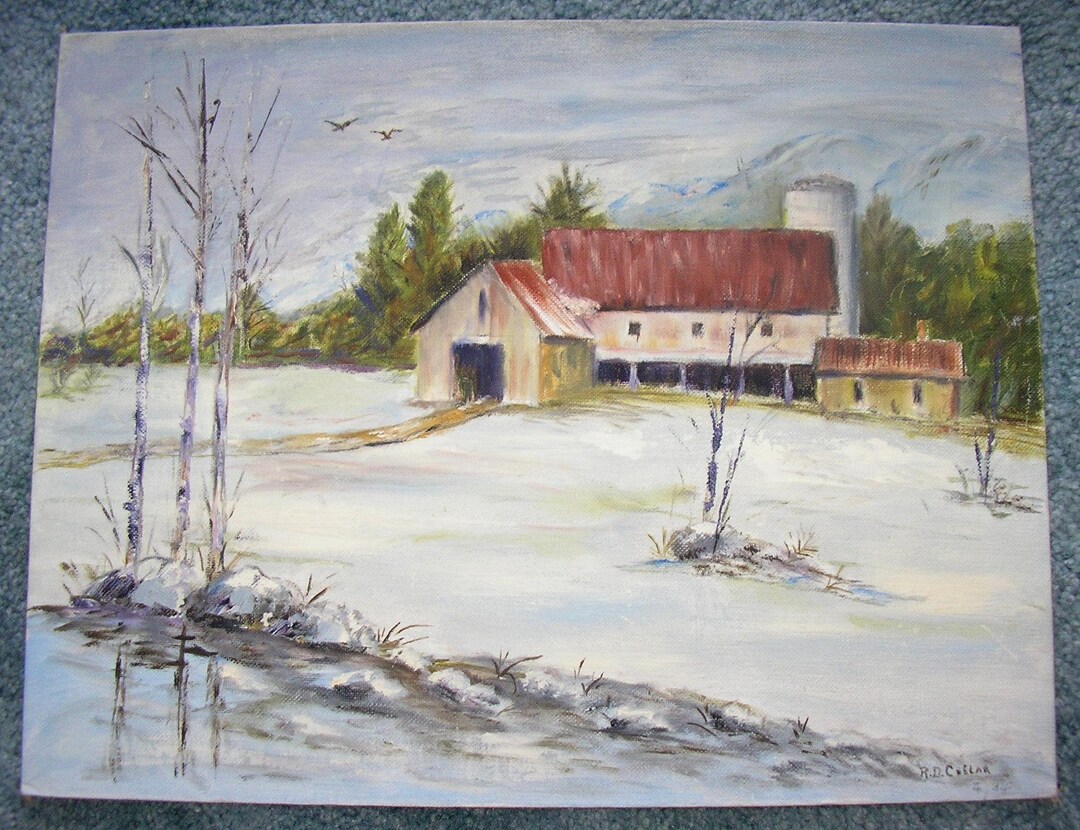 Vintage Folk Art Primitive Rustic Winter Snow White Barn Silo House ...
