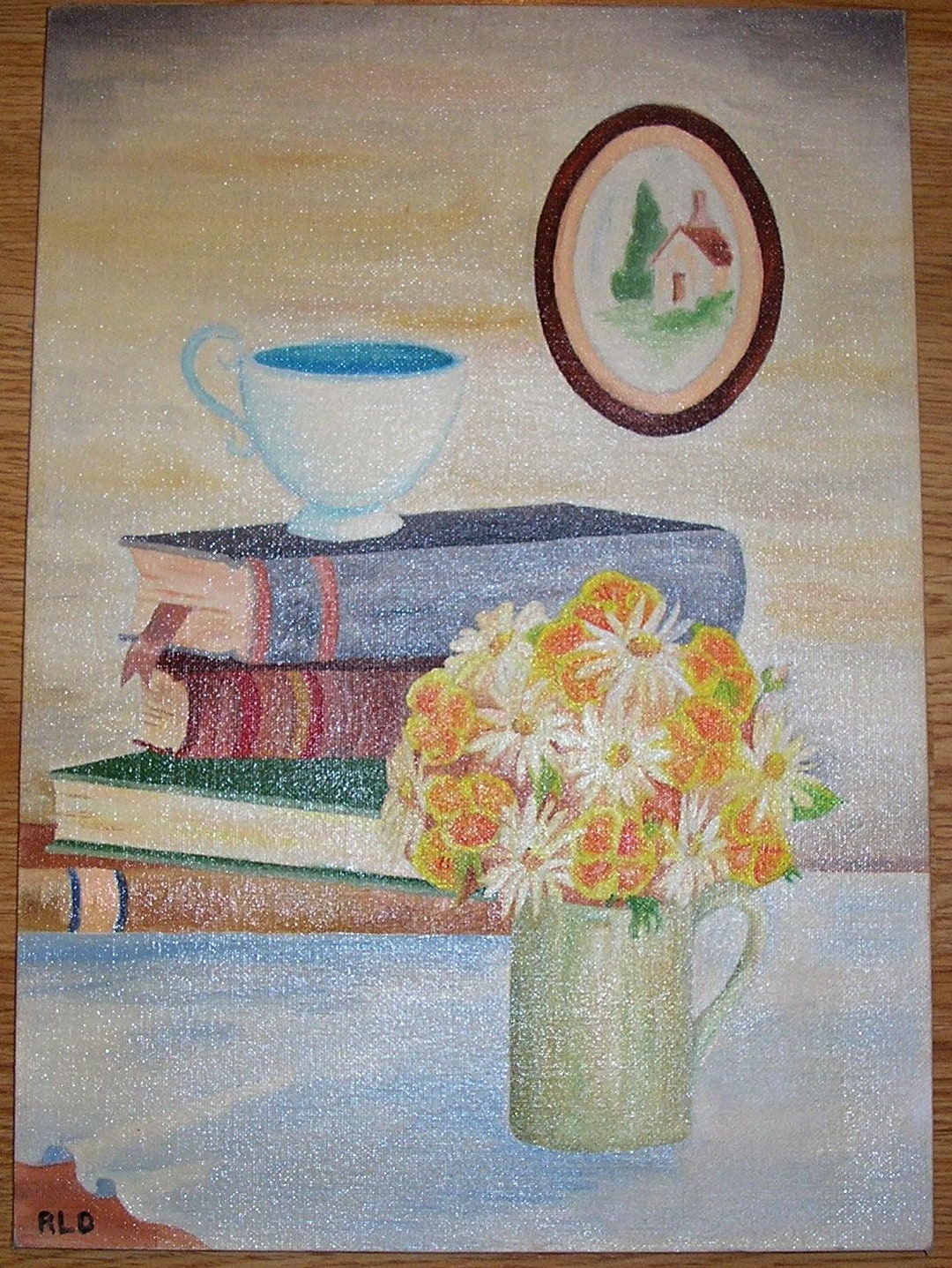 Vintage Parlor Living Room Scene Library Tea Cup Garden Yellow Daisies ...