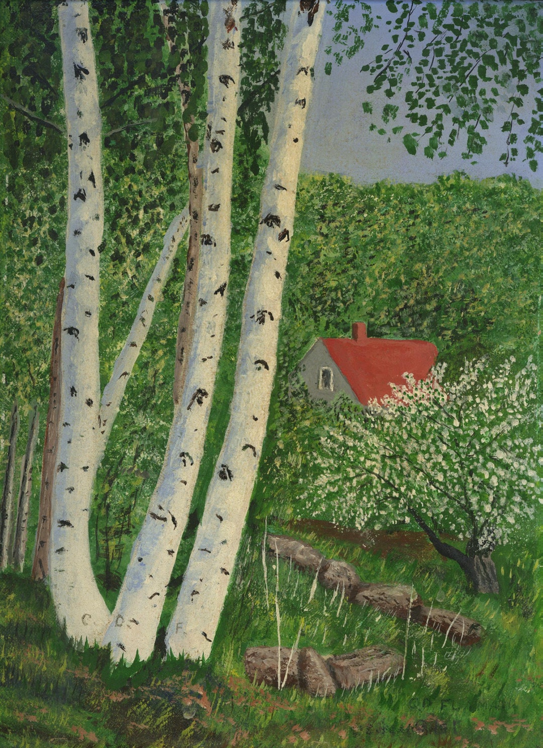 Vintage American Folk Art White Birch Tree Summers Season Green Leaves ...