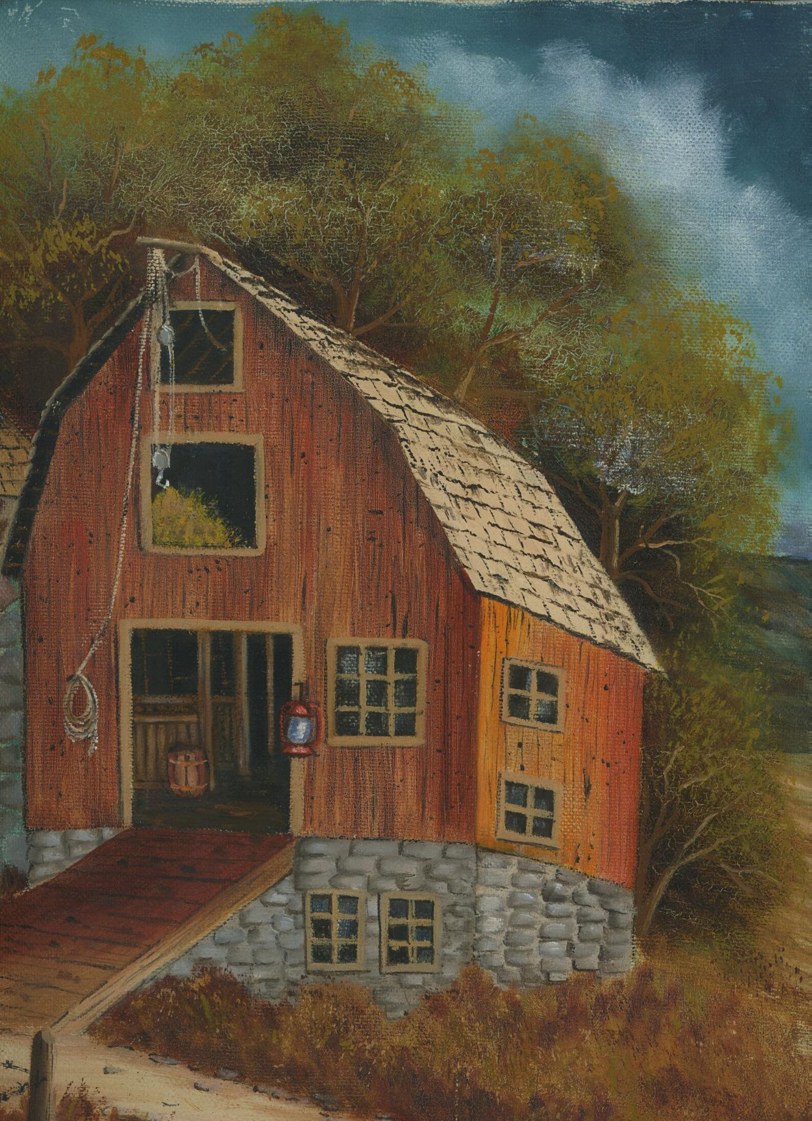 Vintage Farm Barn House Stone Grain Silo Pastoral Original Oil Painting ...