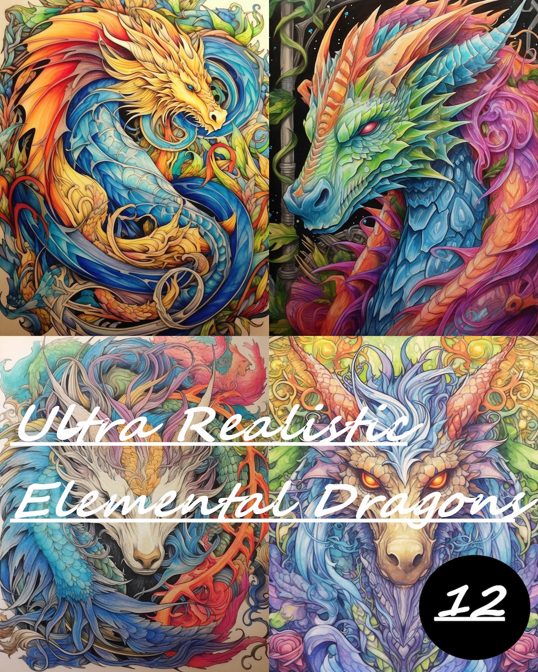 12 Elemental Dragon Fantasy Coloring Page Book | Adults + Kids ...