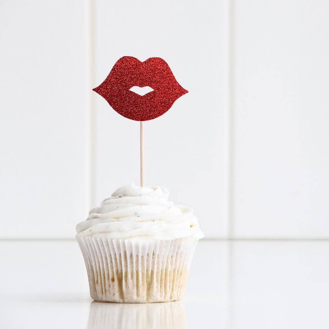 Red Lips Cupcake Toppers | Red Glitter Lips Cupcake Toppers | Valentine ...