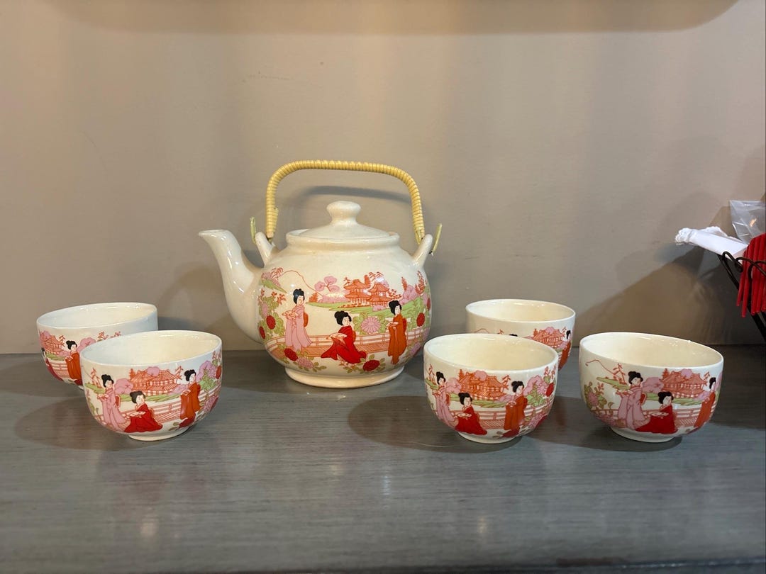 Vintage Asian Japanese Tea Service Set Crackle Glaze Ceramic Teapot 5 ...