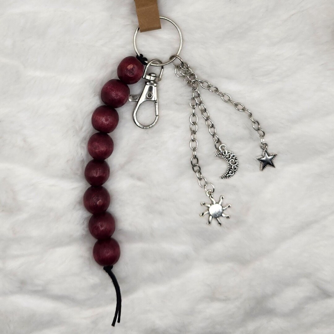Celestial Keychain With Sun, Moon, Star Charms & Red Wood Beads Custom ...