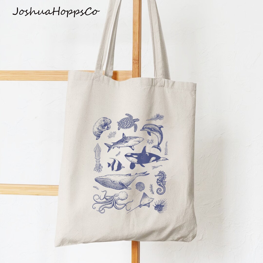 Vintage Tattoo Sea Animal Tote Bag, Retro Ocean Nature Bag, Sealife ...