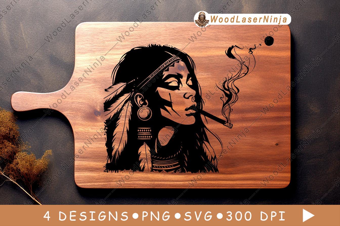 Native American Woman Cigar Smoke Tribal Headdress Laser File Coaster ...