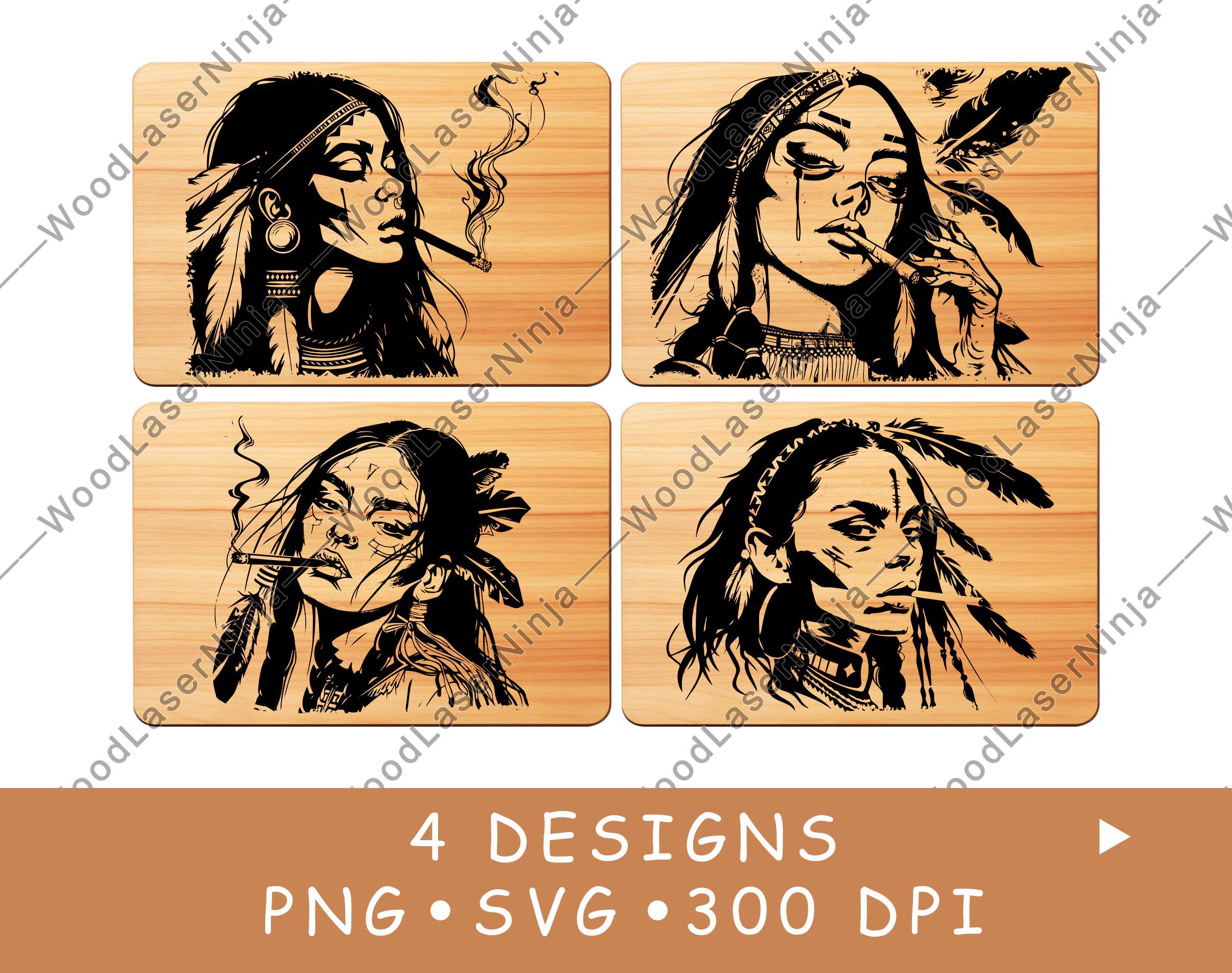 Native American Woman Cigar Smoke Tribal Headdress Laser File Coaster ...