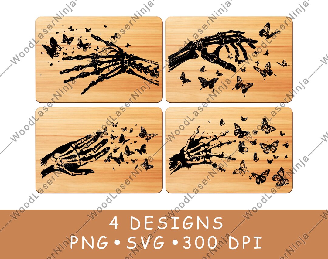 Skeleton Hand Butterflies Bones Dark Gothic Horror Laser File Coaster Burn Black White PNG SVG ...